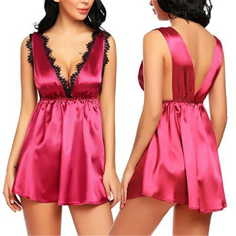 Lencería Sexy de talla grande para mujer, vestido de noche de satén con cuello en V profundo de ...