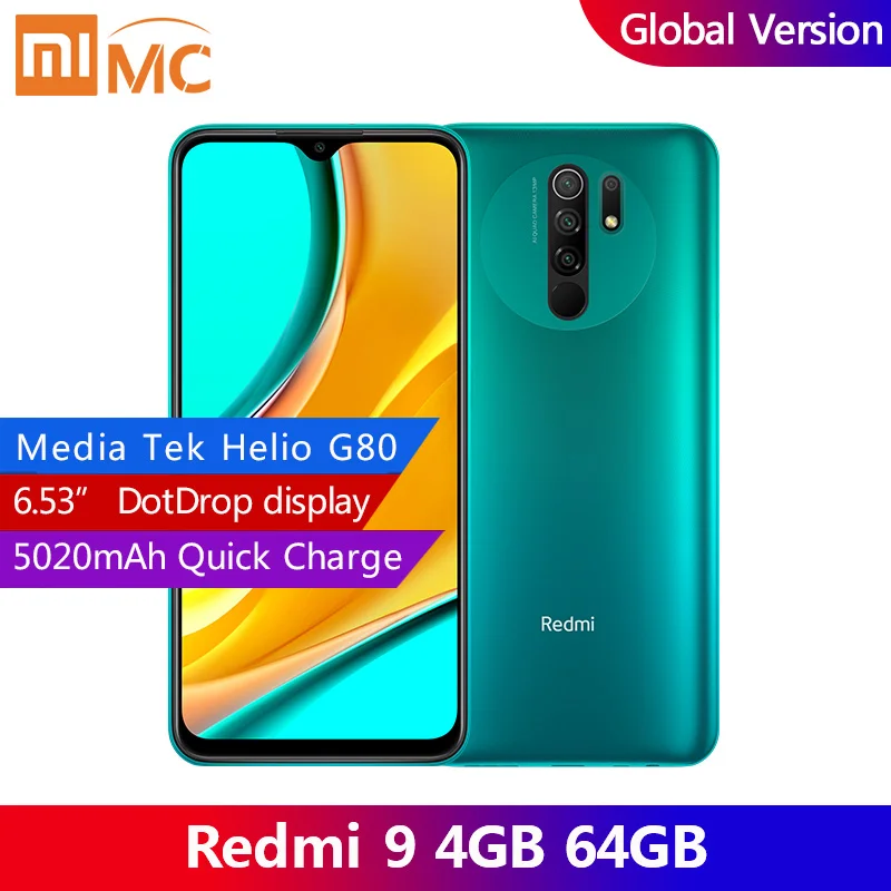 글로벌 버전 Xiaomi Red mi 9 4GB 64GB 스마트 폰 6.53 "FHD + Dot 드롭 디스플레이 Red mi 9 Helio G80 Octa core AI ...