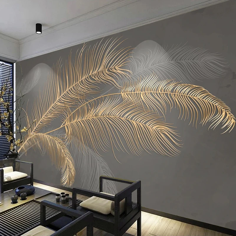 3D Golden Embossed Modern Feather Custom Mural Wall Painting Luxury ...