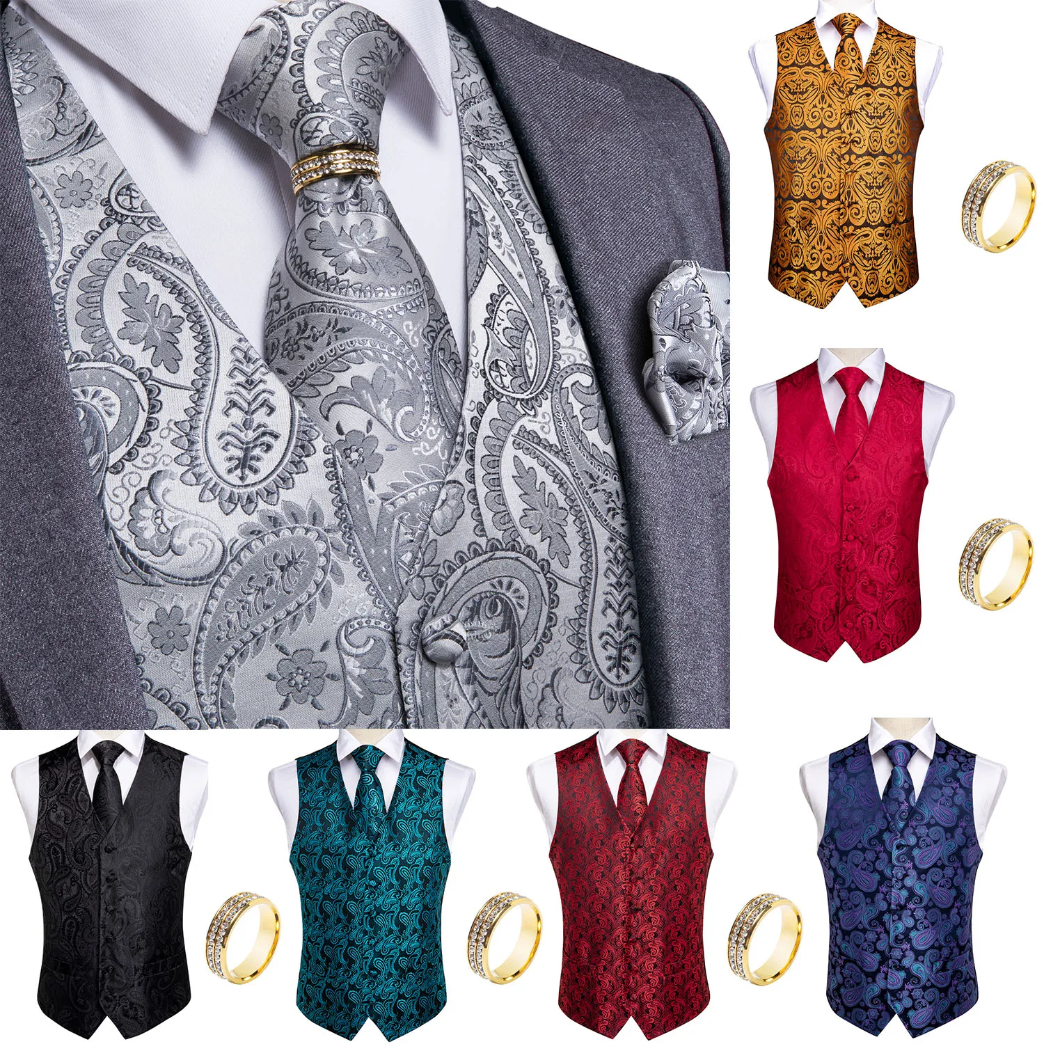 Men Vest Tie Set Classic Wedding Paisley Black Gold Paisley Tuxedo Suit ...