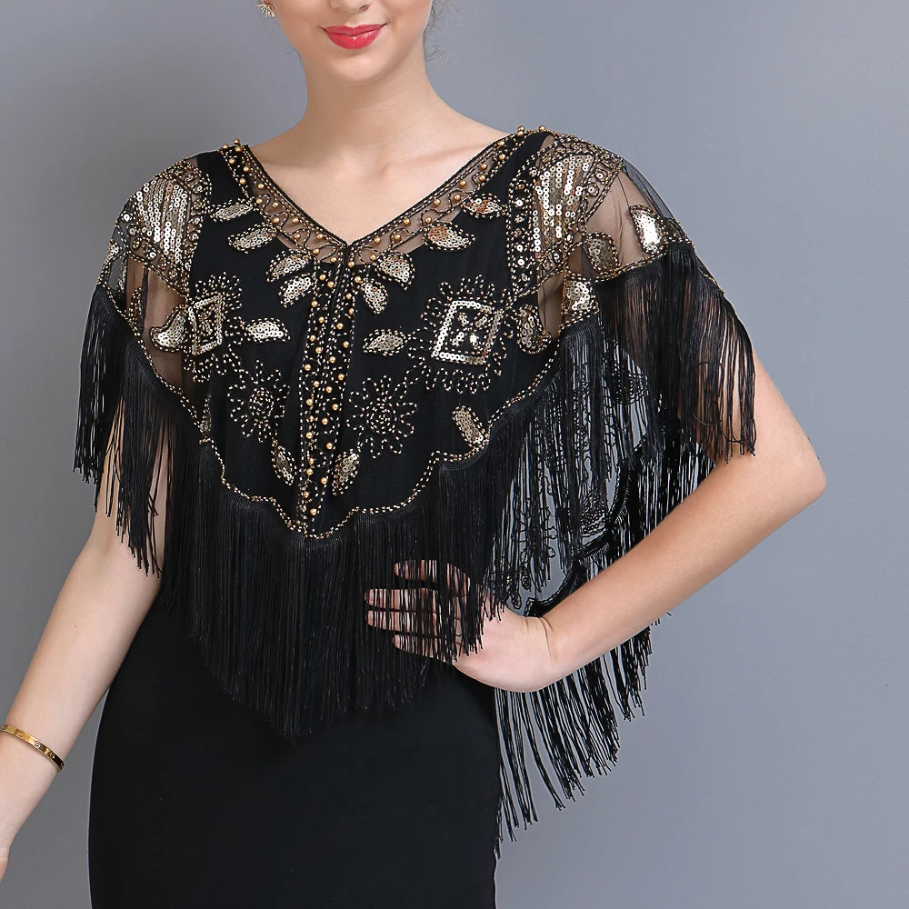 Women-1920s-Sequined-Shawl-with-Tassels-Beaded-Pearl-Fringe-Sheer-Mesh ...