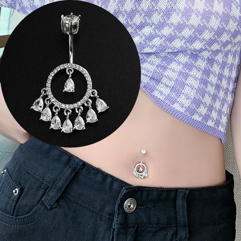 925 Sterling Silver Female Belly Button Nail Ring Circle Zircon Water ...