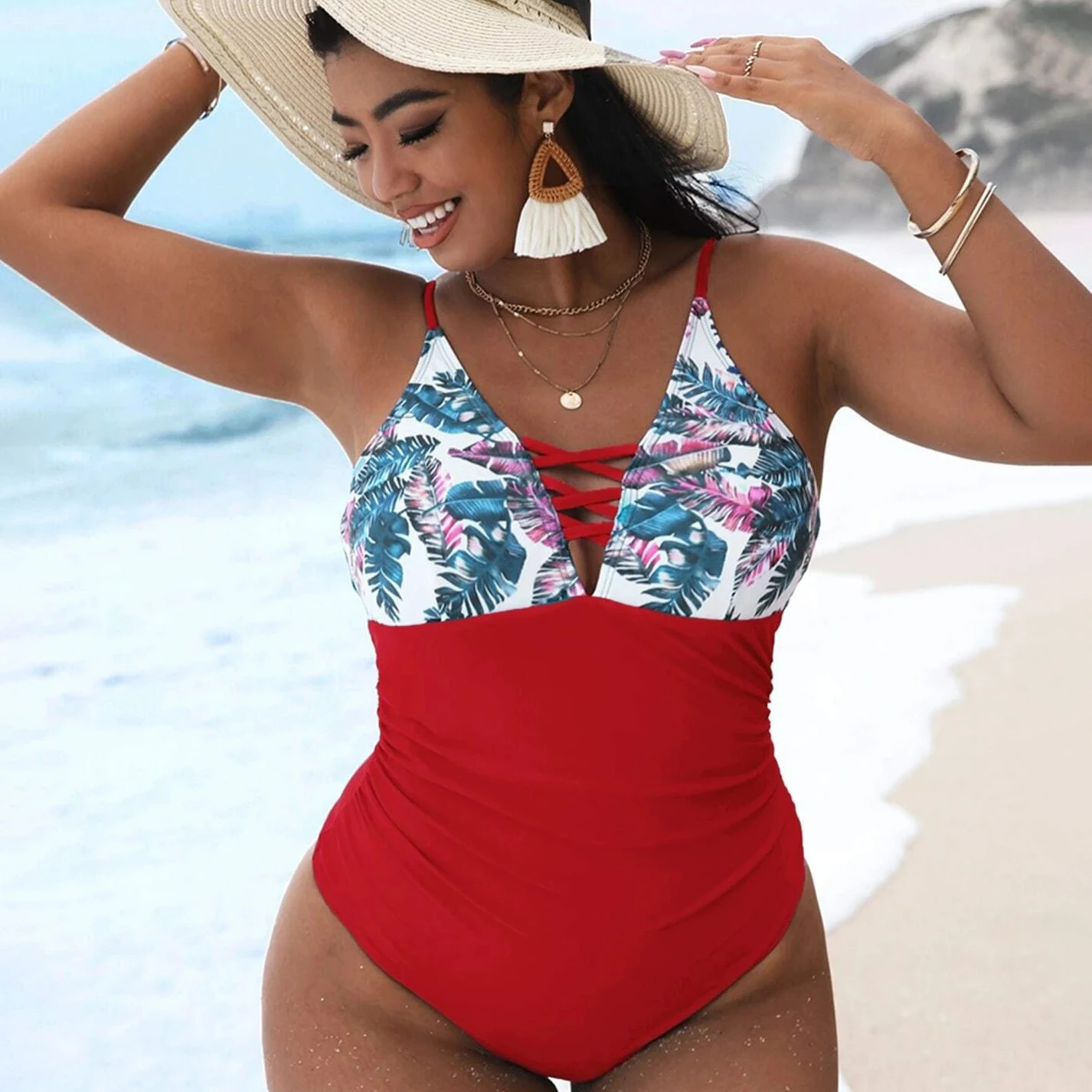 Bikini de talla grande de estilo brasileño para mujer, traje de baño plisado de una pieza con ...