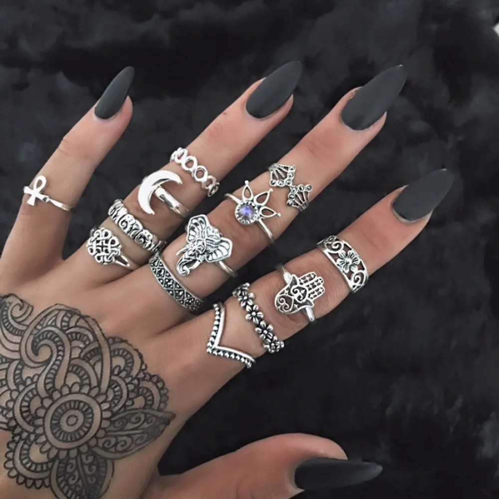 Finger Rings Set | Carving Rings - 13pcs/set Vintage Flower Knuckle ...