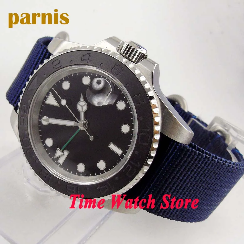 Parnis GMT 오토매틱 남성용 시계, 40mm, 블랙 다이얼, 야광 세라믹 베젤, 블루, 나일론 스트랩, 사파이어 유리 ...