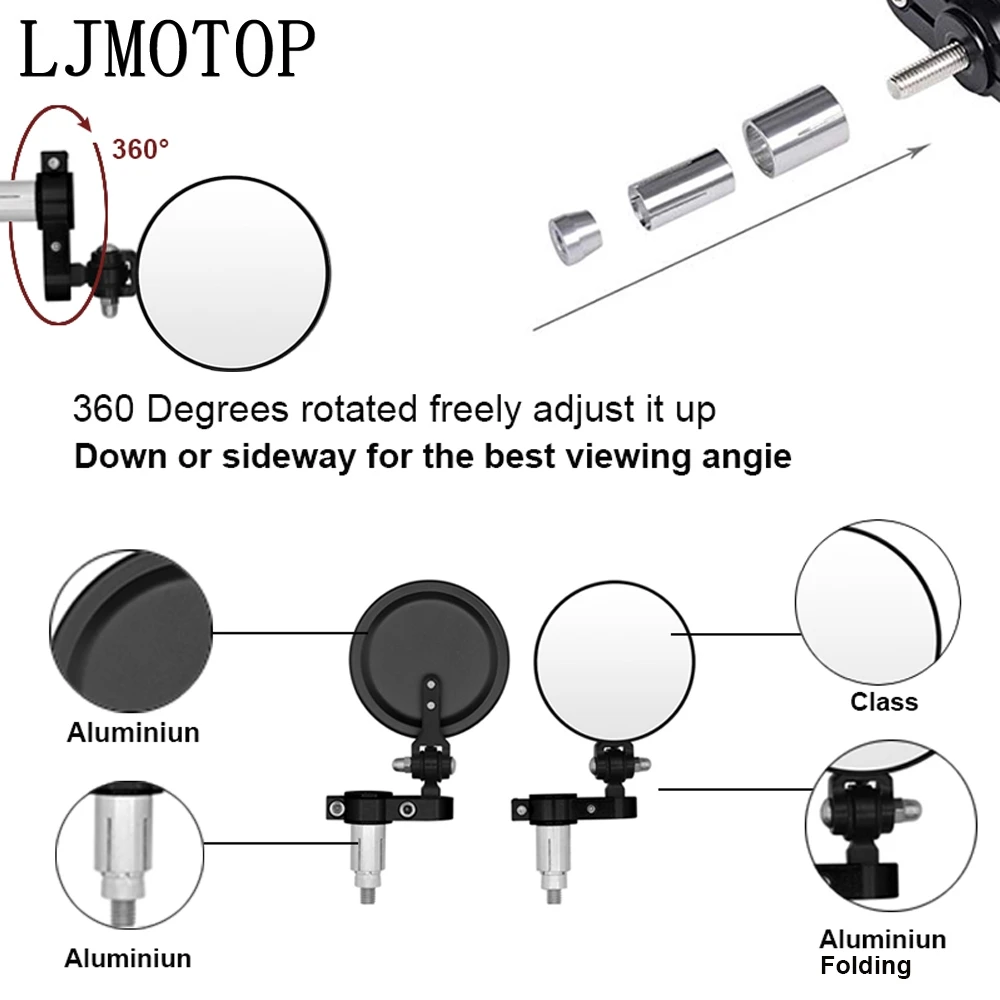 Universal Motorcycle Mirrors 3 Inch Round Folding Bar End Side Mirror ...