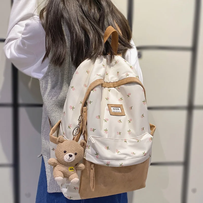 Girl-Trendy-Nylon-Kawaii-Flannel-Floral-Bag-Ladies-Cute-College ...