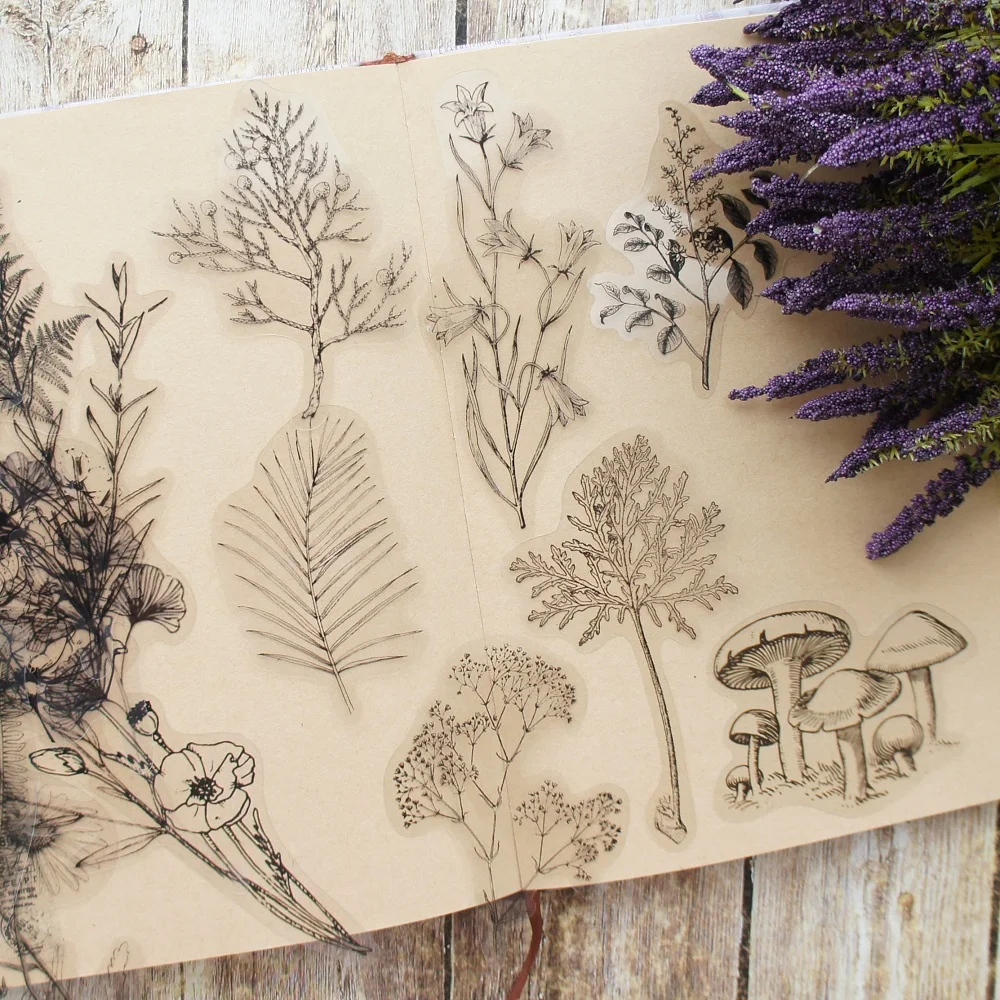 38pcs Copy Plants Flower Leaves Design Transparent Sticker Scrapbooking ...