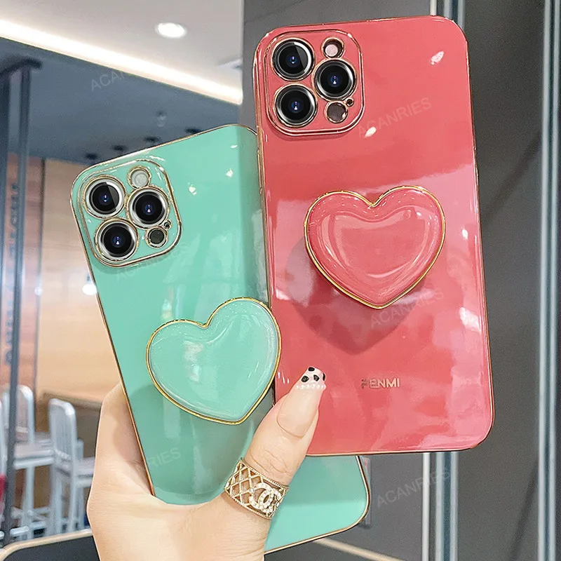 Plating Love Heart Phone Holder Case On For Iphone 13 Pro Max Mini 13pro 12pro X Xr Xs 10 8 7 6 ...