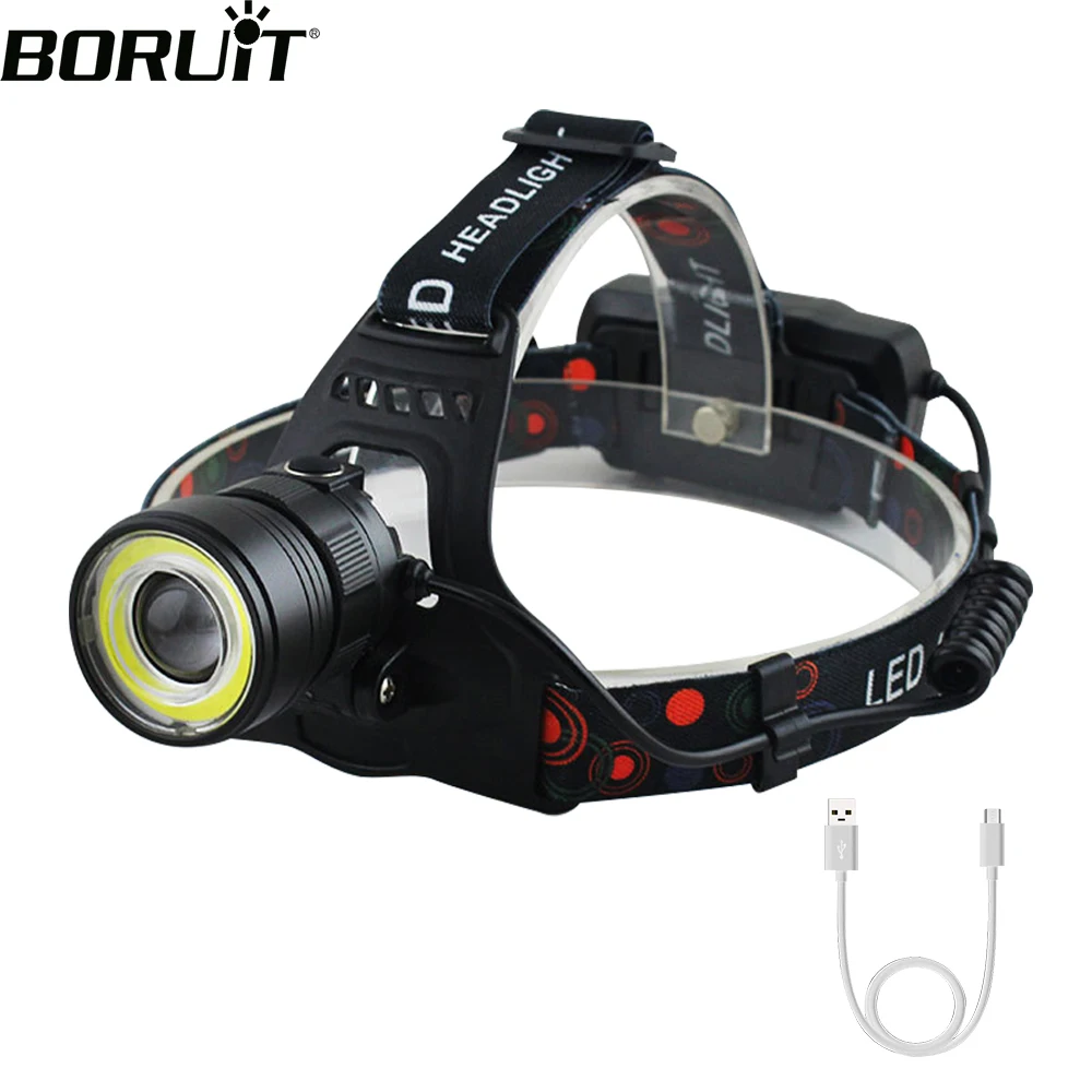 BORUiT Zoomable Powerful COB T6 LED Headlamp USB Rechargeable Headlight ...