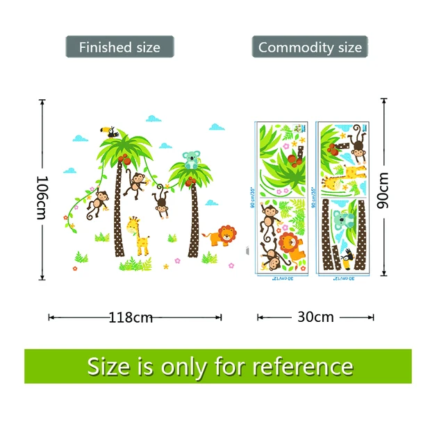 Giraffe Lion Monkey Palm Tree Forest Animals wall stickers for kids ...
