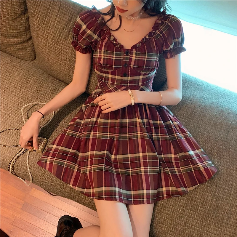 Zoki-Mini-robe-carreaux-pour-femmes-Vintage-taille-haute-col-en-V-Sexy ...