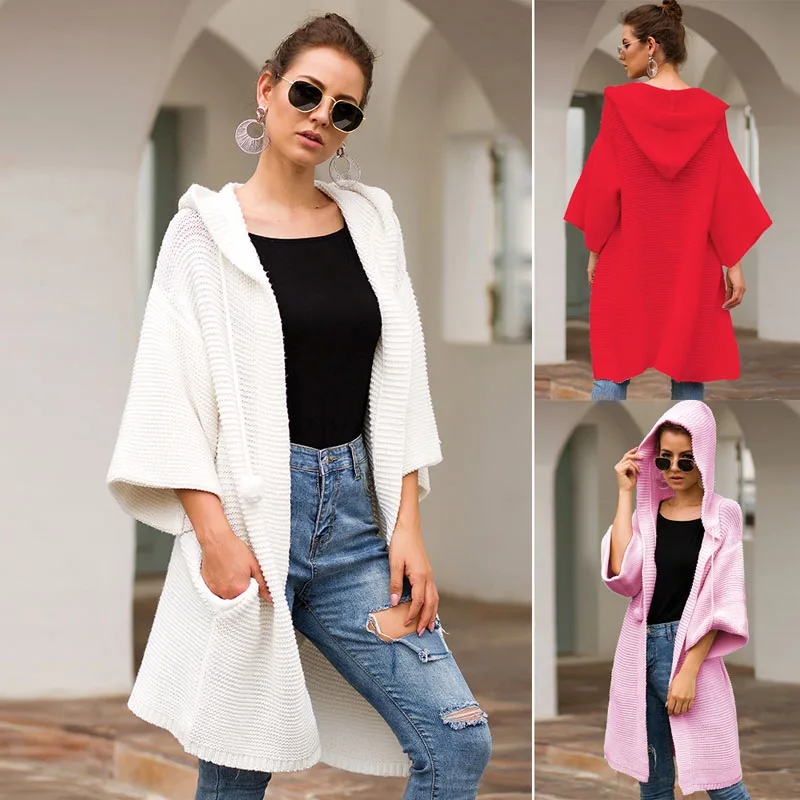 Womens Cardigan Strick Mantel Mit Kapuze Lose Fit Einfarbig Vorne Offen ...