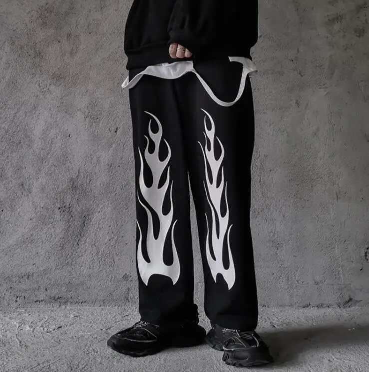 Korean Harajuku style flame print loose casual straight pants men and ...