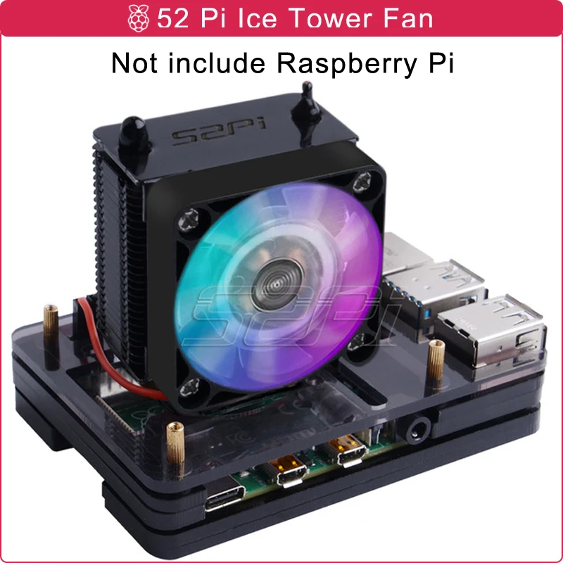 Raspberry Pi 4 Model B Case 52Pi Ice Cooling Tower Fan 7 Colors RGB Light Copper Tube Cooler ...