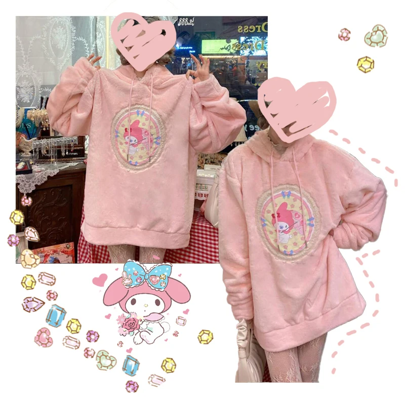 Kawaii Pink Autumn Winter Hooded Sweater My Melody Anime Figures Plus ...