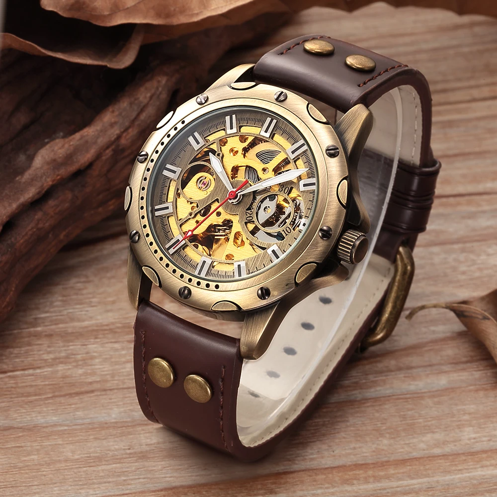 Shenhua Watches Fashion Vintage Bronze Automatic Mechanical Watches Men ...