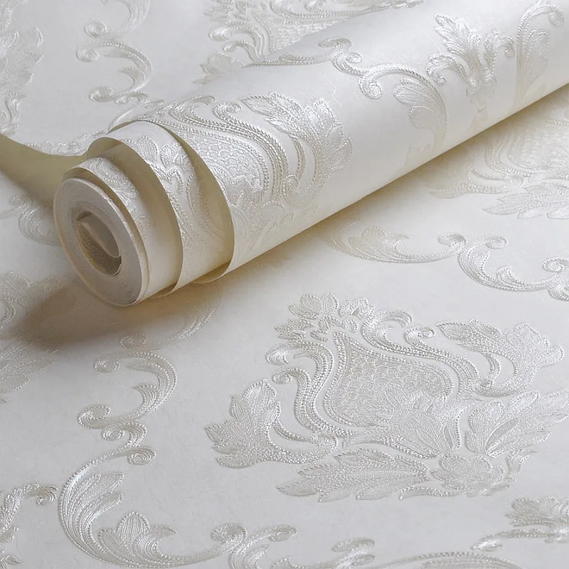 Creamy White Embossed Damask Wallpaper Bedroom Living room Background ...