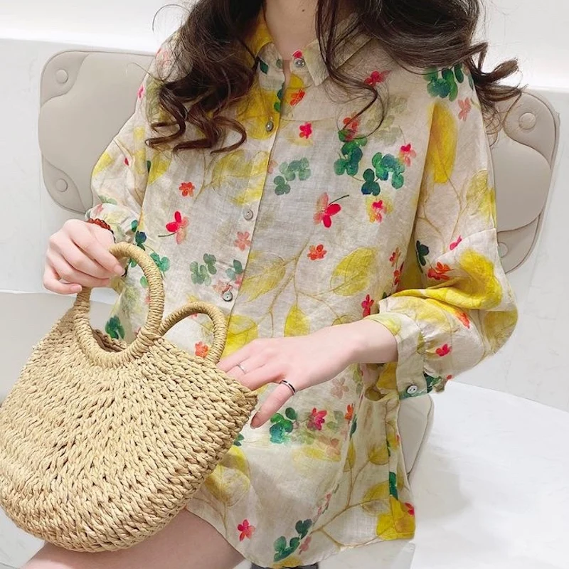 프린트 플라워 여성 셔츠 귀여운 피터팬 칼라 여성 블라우스 랜턴 슬리브 여성 상의 여름 신상 패션셔츠