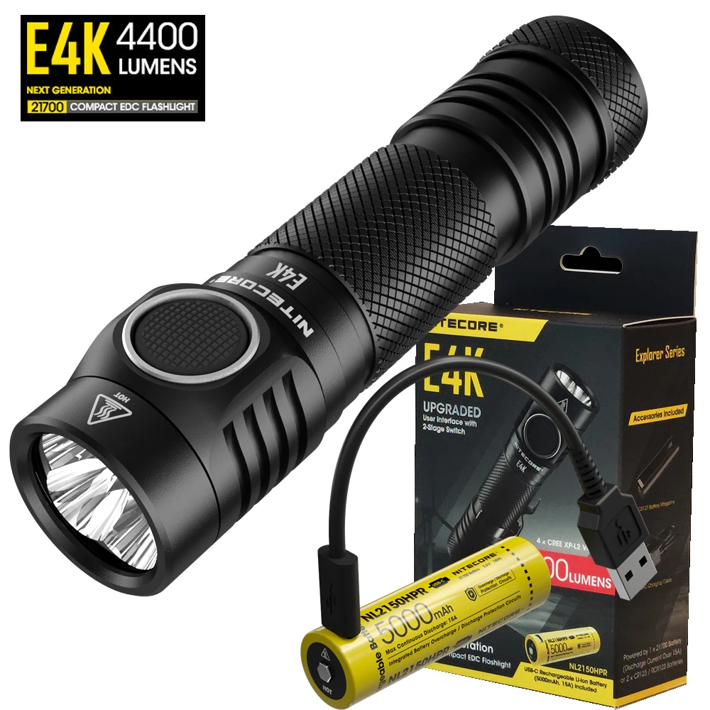 NITECORE E4K 손전등 4 * XP L2 V6 led 백색 빛 최대 4400 루멘 거리 211 m 토치 21700 ...