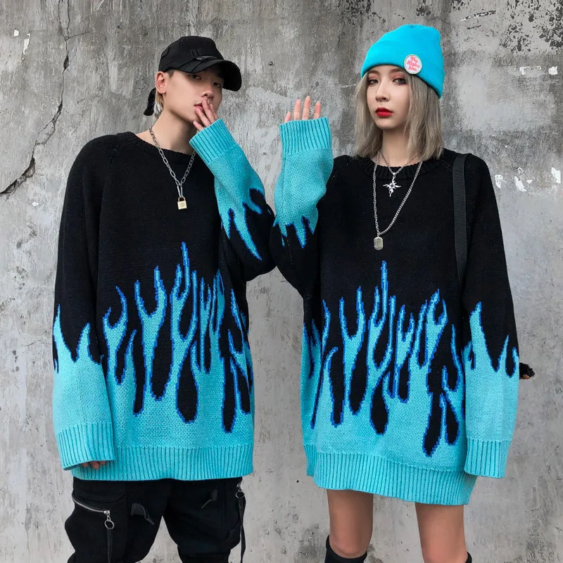 Couple Sweater Harajuku Hip Hop Flame Fire Sweaters Knit 2020 Autumn ...
