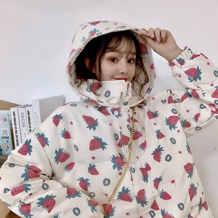 Woherb Women's Harajuku Parkas Kawaii Jacket Strawberry Print Winter ...