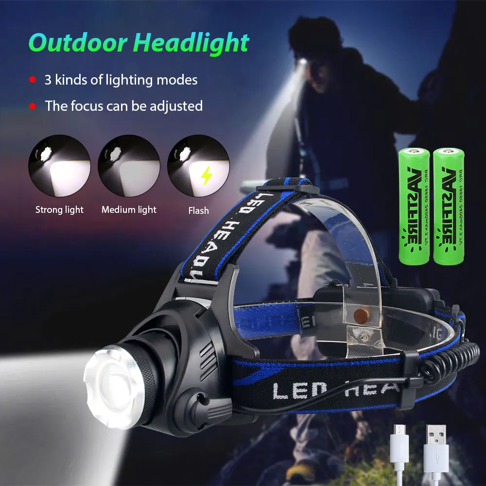 USB rechargeable strong hunting headlight T6 head mounted LED fishing ...