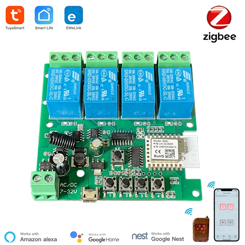 Interruptor inteligente zigbee módulo de 4 canais com rf433 zigbee ...