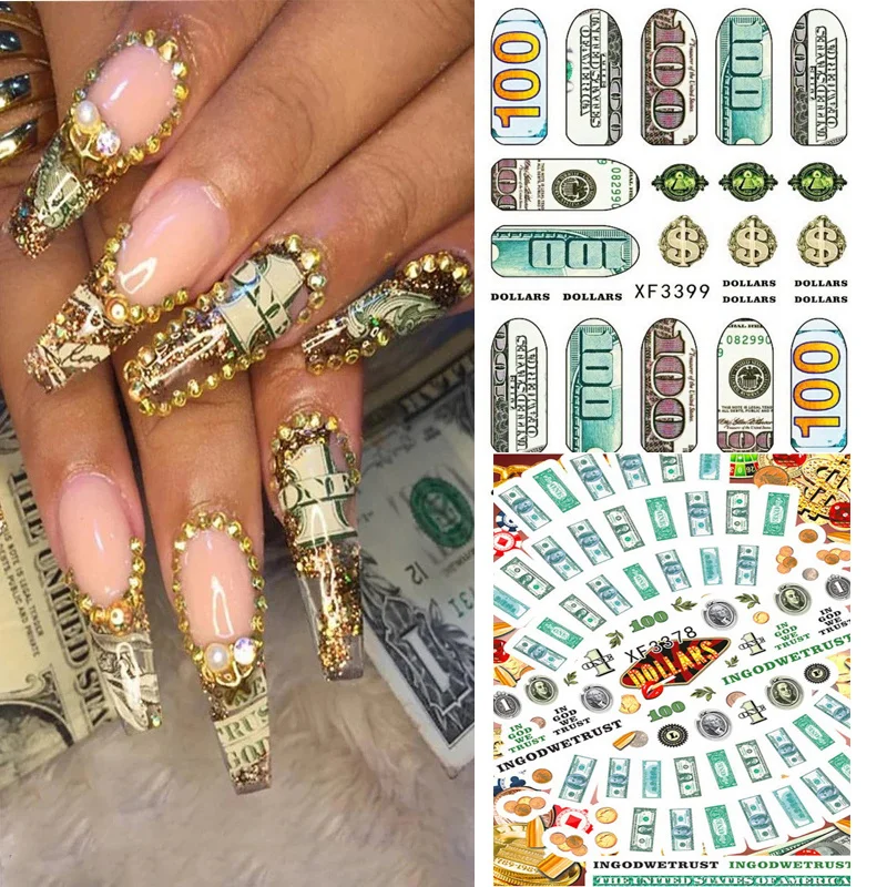 1Pcs Fashion Design 3D Money Dollar Bill Style Nails Art Sticker Wrap ...