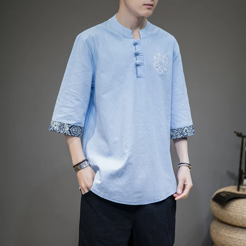 Light Blue Large Size Ethno Cotton Linen Clothing Loose Chinese Style ...