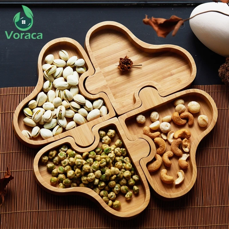 Creative 4 Grids Jigsaw Wooden Snack Plate Hand Polished Solid Wood ...