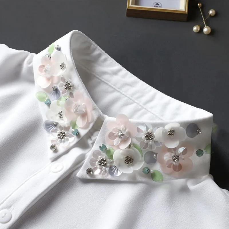 Elegant Black Sequined Fake Collar Shirt Chiffon White Detachable ...