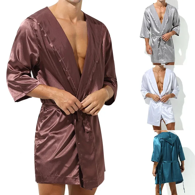 Men Robes Brand Sexy Ice Silk Men Bathrobe Sleepwear Short Sleeve Bath ...