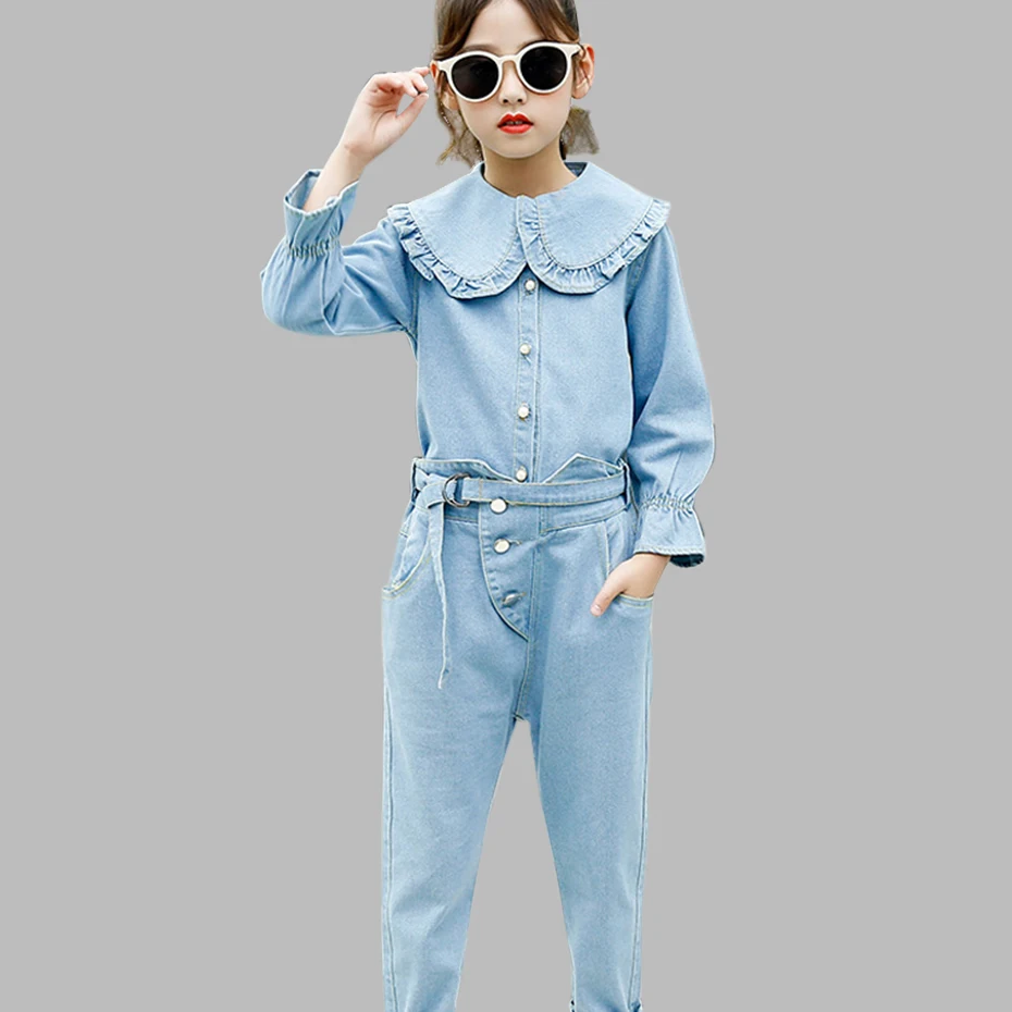 Meninas roupas conjunto sólido denim t camisa + calças 2 pçs roupas da ...