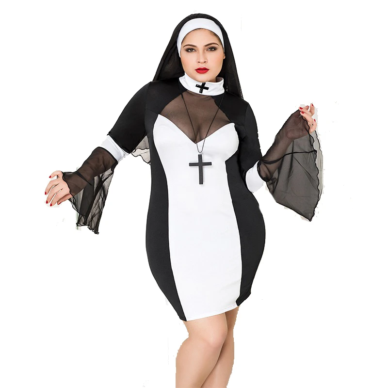 Plus Size Women Sexy Nun Cosplay Costume Black Nuns Costume Halloween Nurse Witch Suit ...