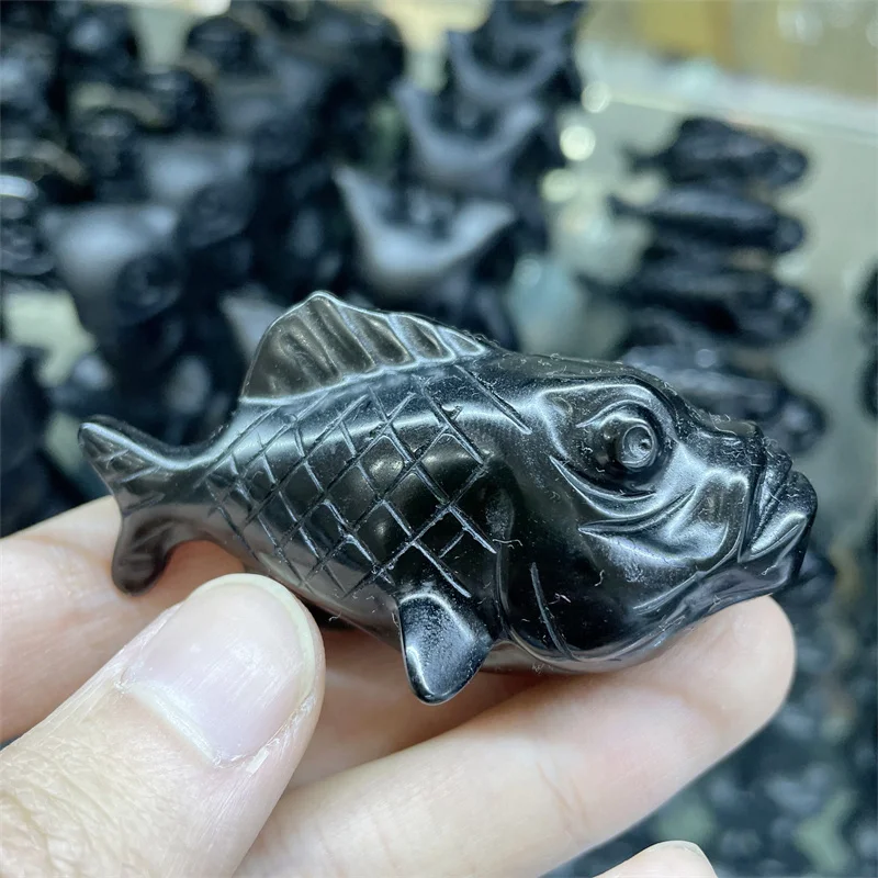 Natural Obsidian Fish Crystal Animal Figurine Hand Carved Reiki Healing ...