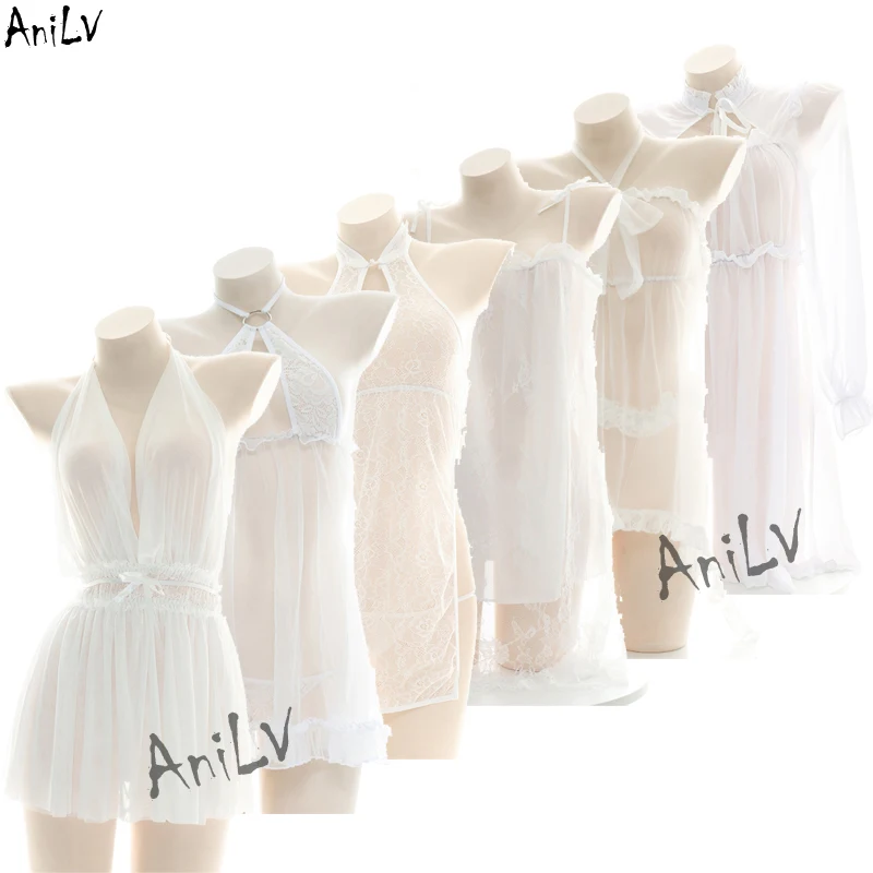 AniLV-Women-Sexy-White-Chiffon-Lace-Halter-Dress-Pajamas-Lingerie ...