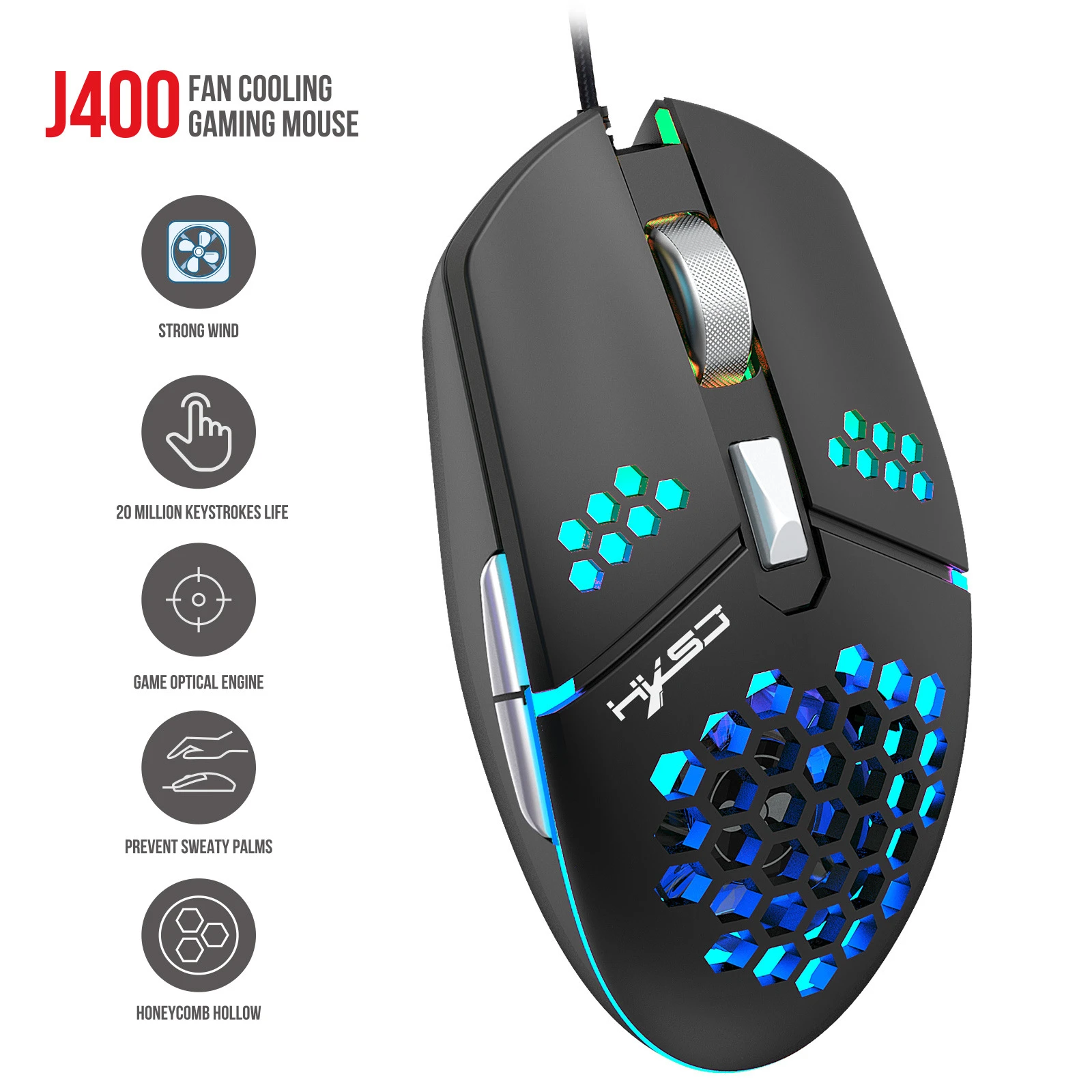 J400-Ergonomic Wired Gaming Mouse, Ventilador de refrigeração, Mouse ...