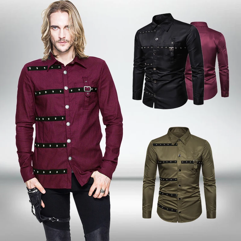 New Men Gothic Shirt Camisas Individuality Men's Fashion Plaid Long ...