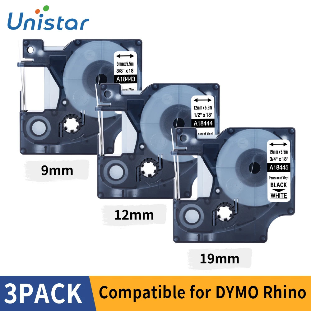 Unistar Replace for Dymo Rhino Permanent Vinyl A18443 A18444 A18445 Label Tape Compatible with ...