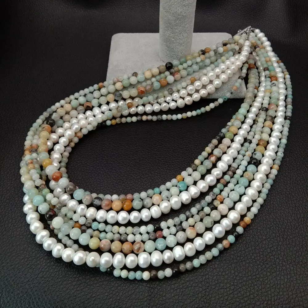 8-strands-natural-4mm-round-Amazonite-Necklace-White-freshwater-Pearl ...