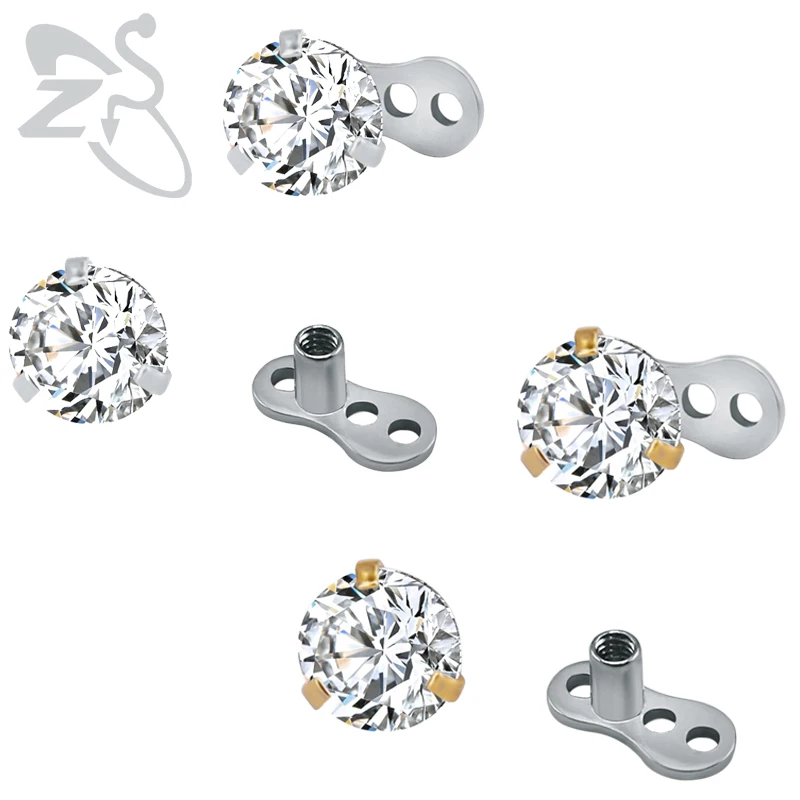 ZS 2Pcs/lot CZ Crystal Round Gold Skin Diver Dermal Piercings 316L ...