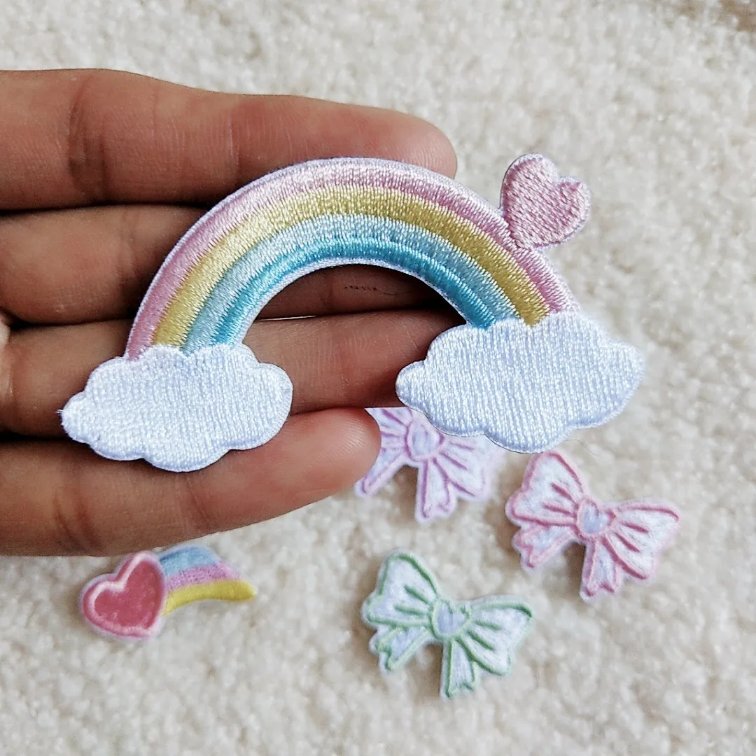 Self-adhesive Lovely Rainbow Bow Heart Embroidered Patches For Clothing ...