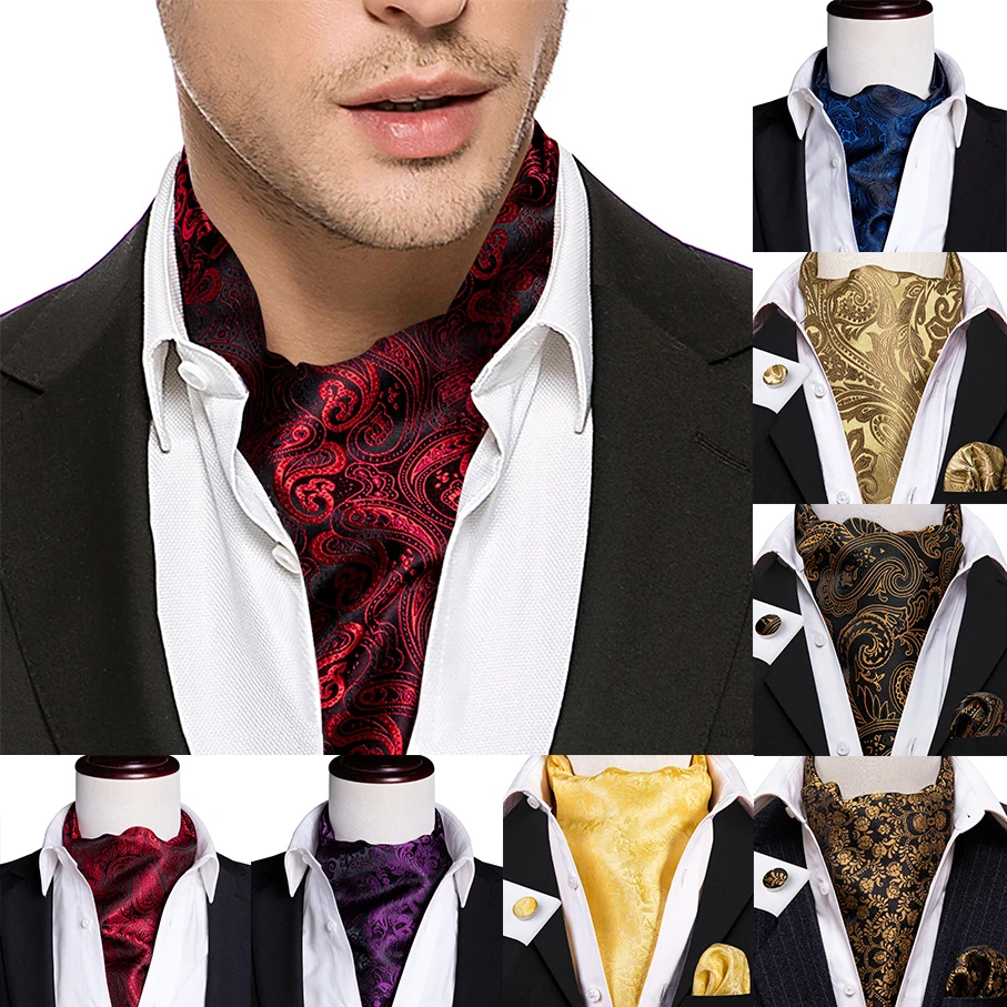 Silk Cravat Ascot Tie For Men Scarf Suit Wine Red Mens Neck Wear Jacquard Set Fashion Pocket ...