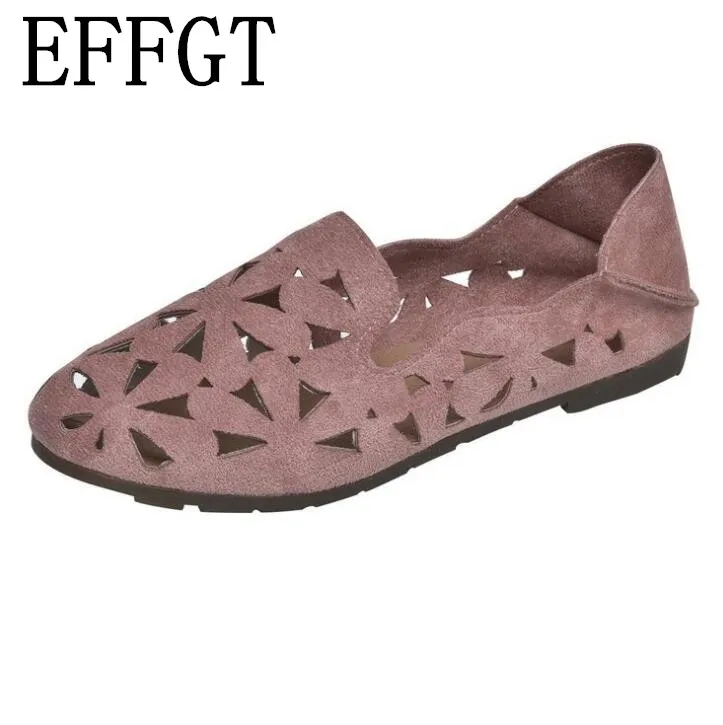 EFFGT Women Cut out Flats Summer Soft Ladies Round Toe Slip On Casual ...
