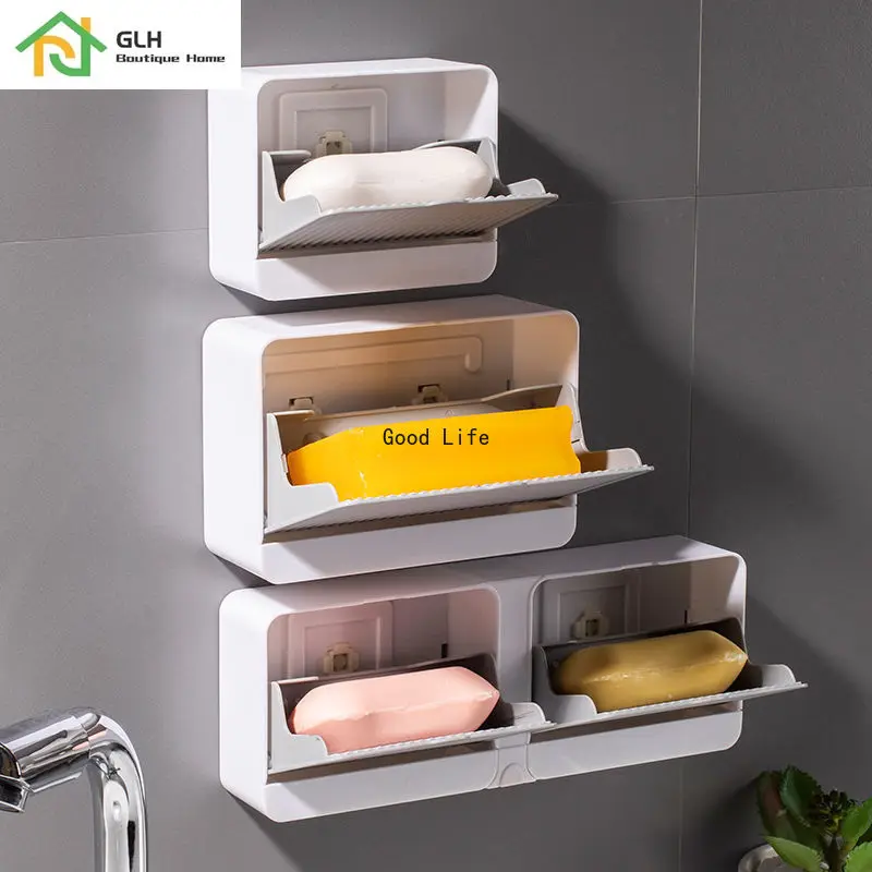 Creative-Wall-Mounted-Soap-Box-With-Lid-Double-Grids-Soap-Draining-Rack ...