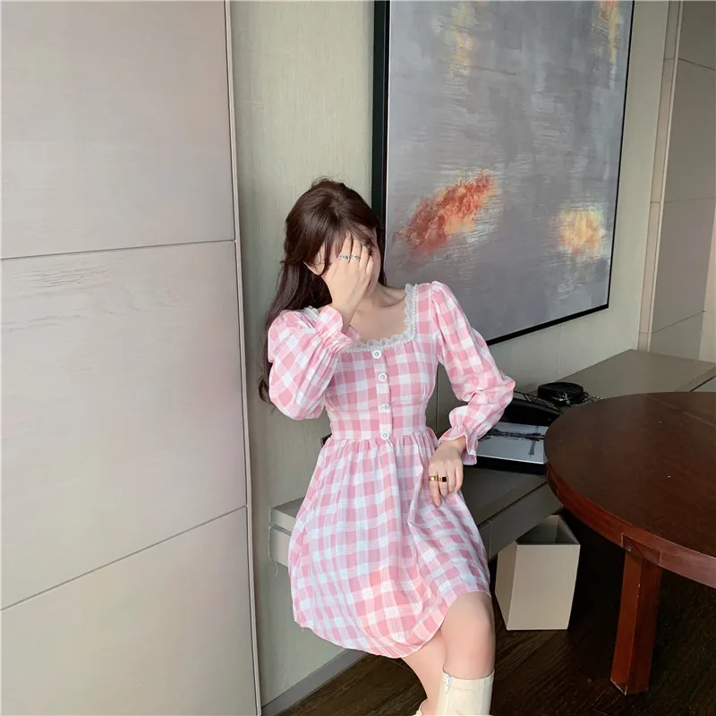 Autumn Japanese Women Mini Lolita Dress School Girls Lace Pink Plaid S ...