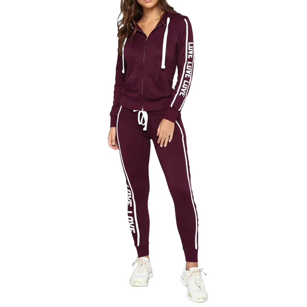 Slim running set Women Jogging Suits For Women Stripe Hooded Zipper ...