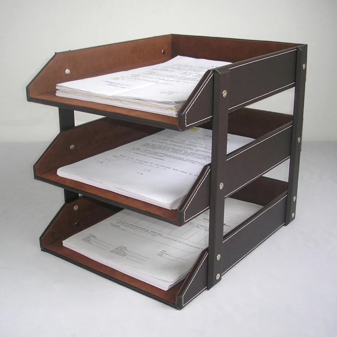 Office Supplies 3 Layers File Tray PU Leather Desk A4 Document Rack ...