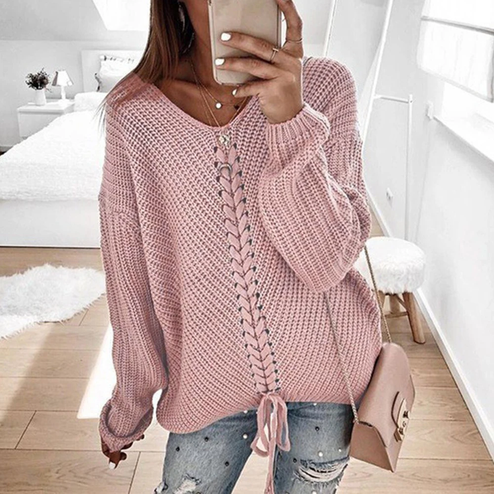 Blusas de malha feminina bandagem design com decote em v solto topos ...